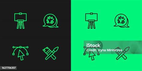 라인 페인트 브러시 베지어 곡선 나무 이젤 및 스프레이 아이콘을 설정합니다 벡터 간판에 대한 스톡 벡터 아트 및 기타 이미지