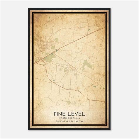 Vintage Pine Level North Carolina Map Poster Pine Level Nc City Road Wall Art Print Custom