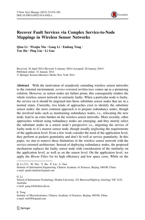 Pdf Recover Fault Services Via Complex Service To Node Mappings In Wireless Sensor Networks