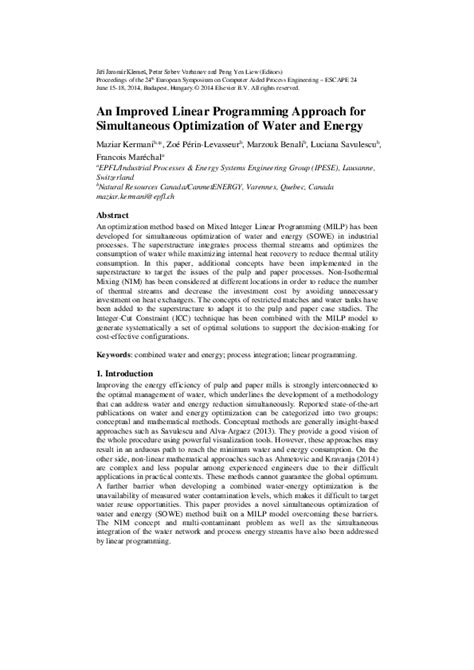Pdf An Improved Linear Programming Approach For Simultaneous Optimization Of Water And Energy