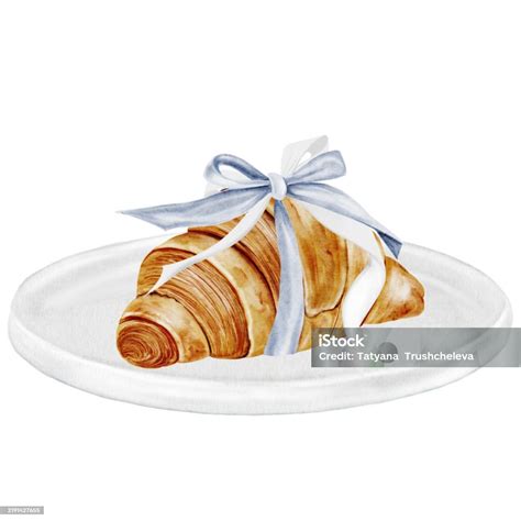 접시에 크로와상 수채화 빈티지 활과 함께 손으로 그린 신선한 프렌치 롤빵 음식 클립 아트입니다 베이커리 프린트 엽서 및 제과점 포스터에 이상적입니다 갈색에 대한 스톡 벡터