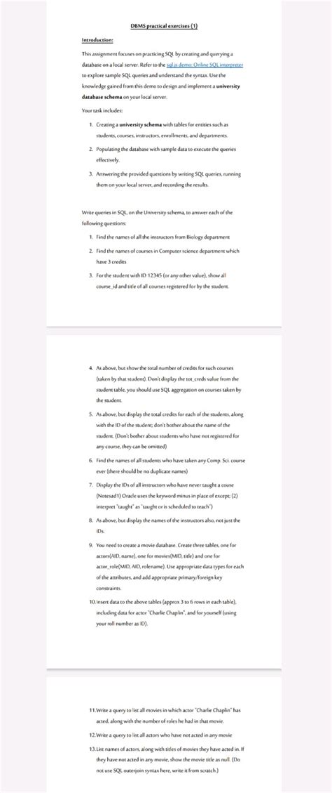 Introductiondbms Practical Exercises 1this Assignment Focuses On Practicing Sql By Creating
