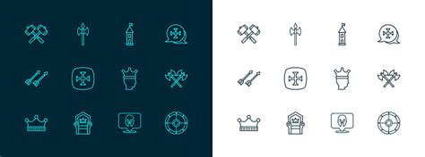 세트 라인 십자군 중세 왕좌 왕관 헬멧 성 탑 교차 전투 망치 및 도끼 아이콘 벡터 The Crusades에 대한 스톡 벡터 아트 및 기타 이미지 Istock