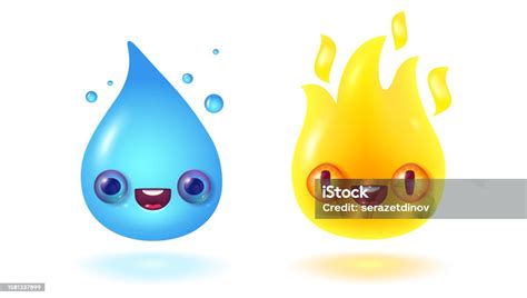 물방울과 불꽃의 벡터 그림은 귀여운 얼굴을 가진 3d 스타일입니다 사실적인 스타일의 빗방울과 불의 벡터 아이콘입니다 게임을 위한 카와이 자연 이모티콘 3차원 형태에 대한