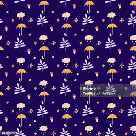 매끄러운 패턴 단풍 가지 열매 버섯 우산 구름 짙은 파란색 배경에 방울 가을 장식 및 디자인 포장 및 인쇄용 벡터 가을에 대한 스톡 벡터 아트 및 기타 이미지 Istock