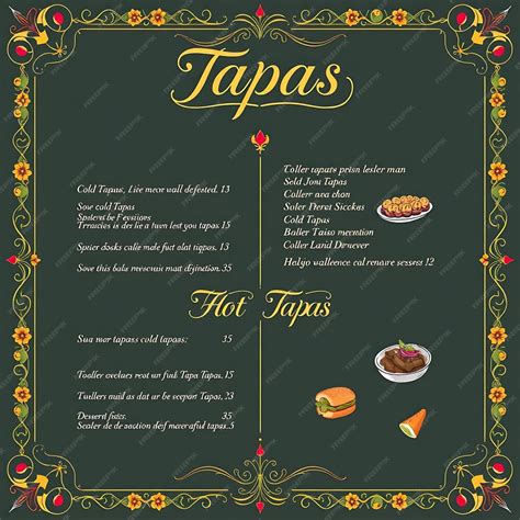 Tapas Menu Featuring Vibrant Colors And Intricate Patterns Sections Incl Layout Idea For