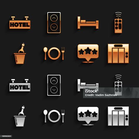 세트 플레이트 포크와 칼 원격 제어 리프트 별 등급 검토 샴페인 아이스 버킷 호텔 객실 침대 텍스트와 아이콘이있는 간판 벡터 1위에 대한 스톡 벡터 아트 및 기타 이미지