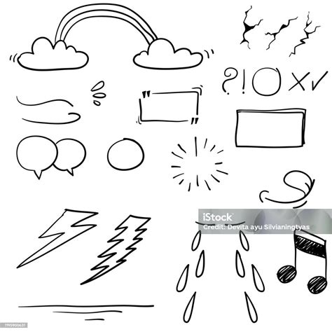 손으로 그린 디자인 요소 연설 거품 스타 태양 빛 체크 마크 무지개 천둥 Swishess 급습 강조 소용돌이 심장 흰색 배경에