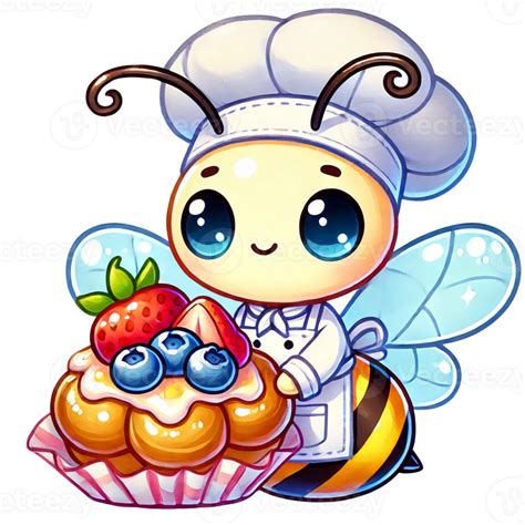 Cute Bee Chef Holding A Delicious Dessert With Fruits 66396123 Png