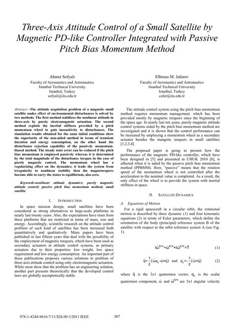 Pdf Three Axis Attitude Control Of A Small Satellite By Magnetic Pd Like Controller Integrated
