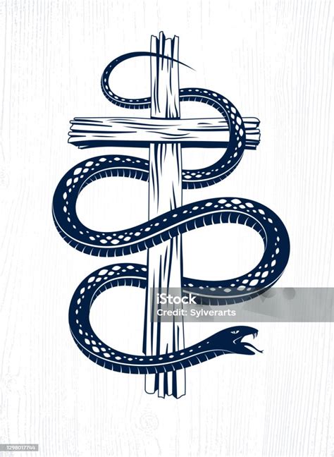 뱀은 기독교 십자가 선과 악 성자와 죄인 사랑과 증오 삶과 죽음의 상징적 인 벡터 일러스트 로고 엠블럼 또는 문신 사이의 투쟁을