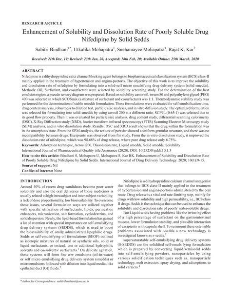 Pdf Enhancement Of Solubility And Dissolution Rate Of Poorly Soluble Drug Nifedipine By Solid