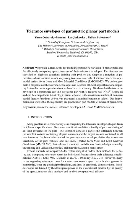 Pdf Tolerance Envelopes Of Parametric Planar Part Models