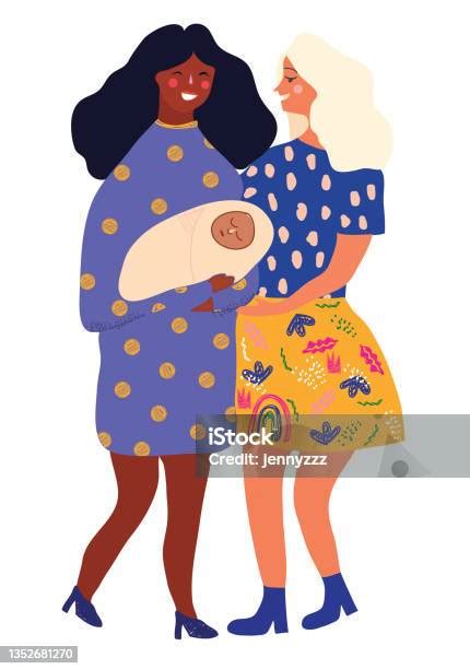Lgbtq 커플 과 어린이 게이 레즈비언 엄마와 아기 동성애 파트너의 관계와 권리 플랫 만화 스타일의 벡터 일러스트레이션 동성