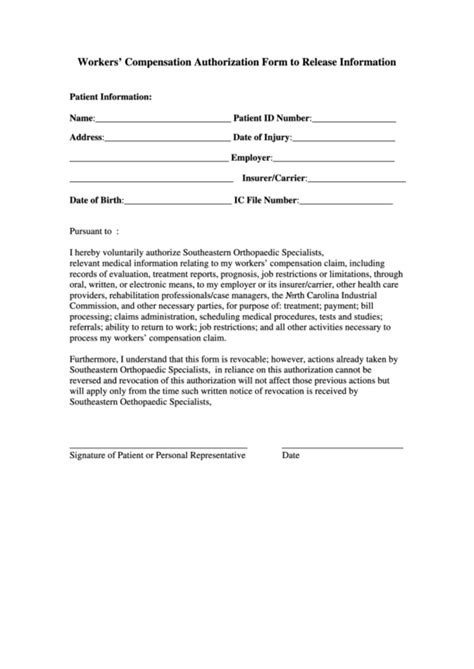 Workers Compensation Authorization Form To Release Information Printable Pdf Download