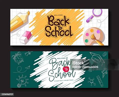 학교 인사말 클립 아트 배너 디자인에 다시 오신 것을 환영합니다 개학 인사말 문자와 메시지는 노란색 흰색 수채화로 다시 시작됩니다 고등학교에 대한 스톡 벡터 아트 및 기타