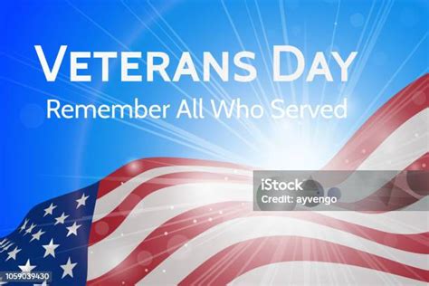 재향 군인의 날 푸른 하늘과 밝은 빛나는 태양에 대하여 흔들며 미국 국기와 함께 포스터를 제공 하는 모든 사람들을 기리는 11에 대한 스톡 벡터 아트 및 기타 이미지