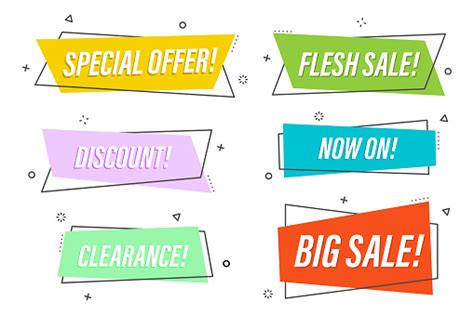 평면 선형 프로모션 리본 배너 세트 스크롤 가격 태그 스티커 배지 포스터 컬렉션 다채로운 벡터 일러스트레이션 Eps 10 개성 개념에 대한 스톡 벡터 아트 및 기타 이미지
