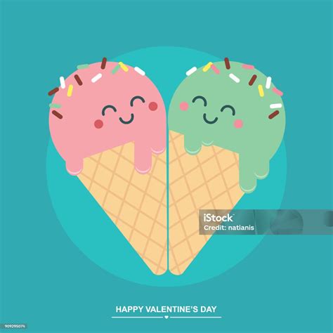 아이스크림 사랑 귀여운 발렌타인 데이 벡터 일러스트 레이 션에 콘 인사말 카드 밸런타인데이에 대한 스톡 벡터 아트 및 기타