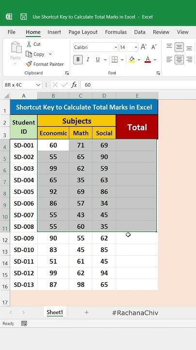 Use Shortcut Key Of Sum Function To Calculate Total Marks In Excel