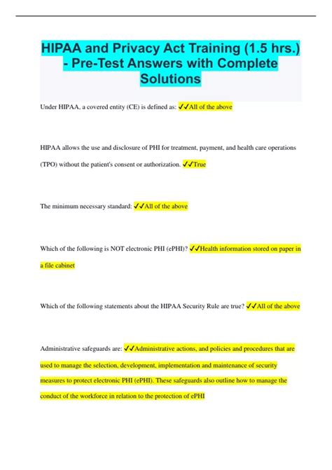 Hipaa And Privacy Act Training 1 5 Hrs Pre Test Answers With Complete Solutions Hipaa And