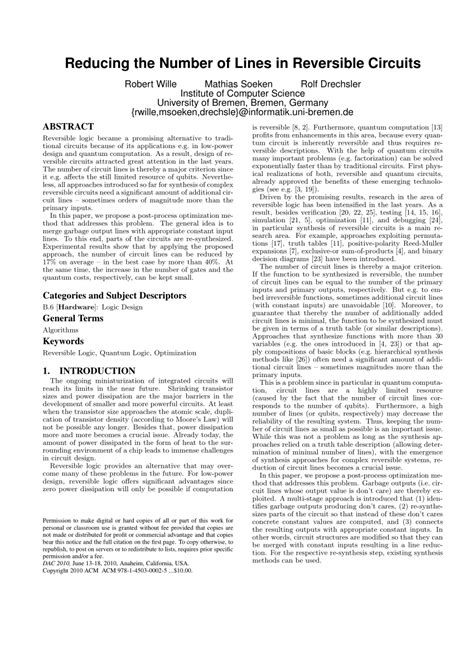 Pdf Reducing The Number Of Lines In Reversible Circuits