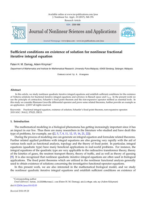 Pdf Sufficient Conditions On Existence Of Solution For Nonlinear Fractional Iterative Integral