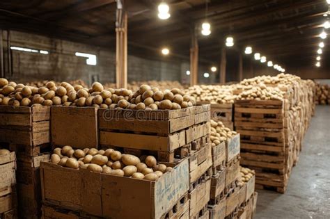 Large Quantities Of Potatoes Are Being Stored In Wooden Crates Inside A