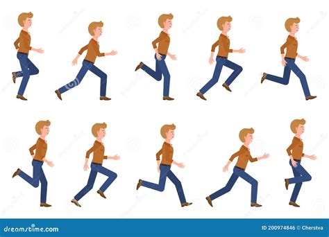 Young Adult Man Wearing Jeans Running Sequence Poses Vector Set Fast