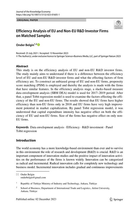 Pdf Efficiency Analysis Of Eu And Non Eu Randd Investor Firms On