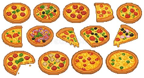 Pixel Art Of Various Pizzas Each Pizza Features Different Toppings