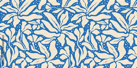 Abstract Blue Flower Art Seamless Pattern Trendy Contemporary Floral Nature Shape Background