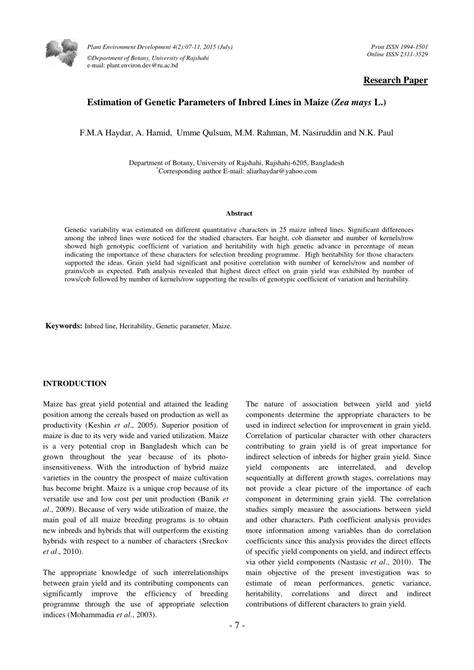 Pdf Estimation Of Genetic Parameters Of Inbred Lines In Maize Zea