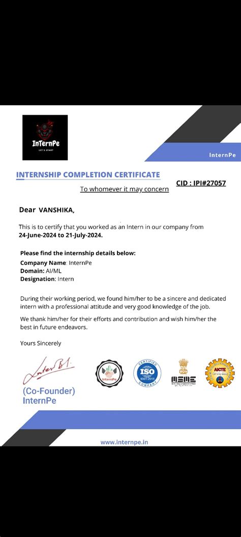 Vanshika Gupta On Linkedin Certificate Internship Interpe