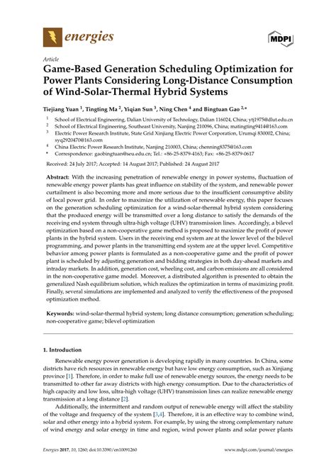 Pdf Game Based Generation Scheduling Optimization For Power Plants Considering Long Distance