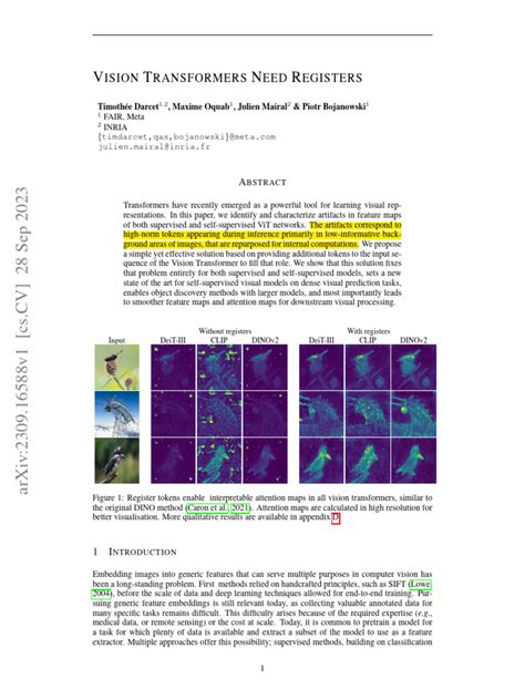 Darcet 2023 Vision Transformers Need Registers Pdf Computer Vision