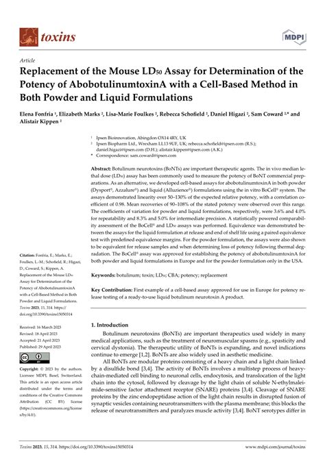Pdf Replacement Of The Mouse Ld50 Assay For Determination Of The Potency Of Abobotulinumtoxina