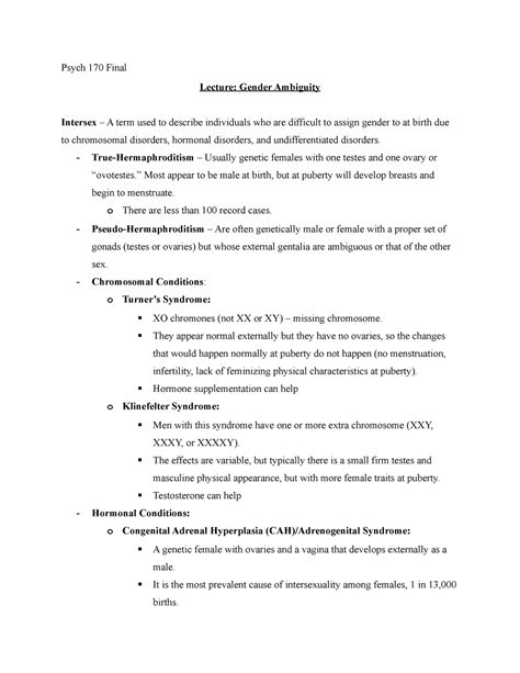 Psych 170 Final Psych 170 Final Lecture Gender Ambiguity Intersex A Term Used To Describe