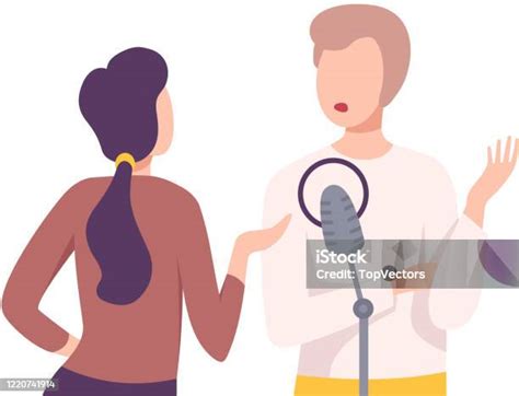 사업가 또는 정치인 은 스튜디오 플랫 벡터 일러스트에서 마이크와 여성 기자인터뷰를 제공 남자에 대한 스톡 벡터 아트 및 기타 이미지 남자 독일 벡터 Istock