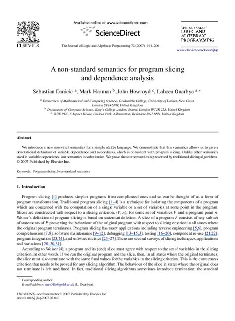 Pdf A Non Standard Semantics For Program Slicing And Dependence Analysis