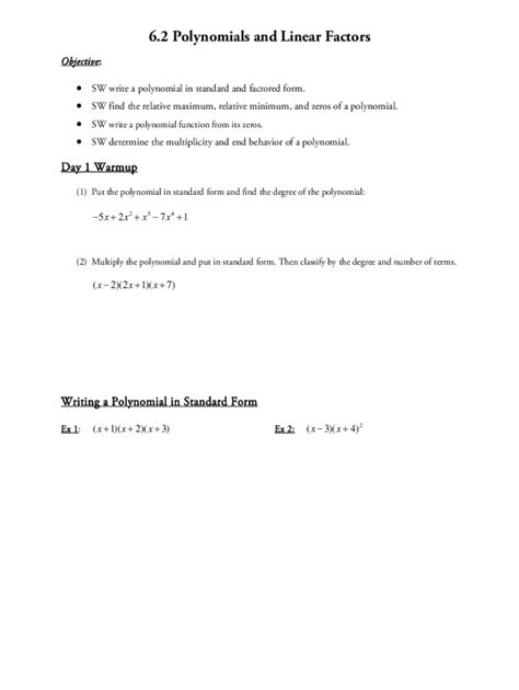 Fillable Online 6 2 Writing Polynomials In Standard And Factored Form Fax Email Print Pdffiller