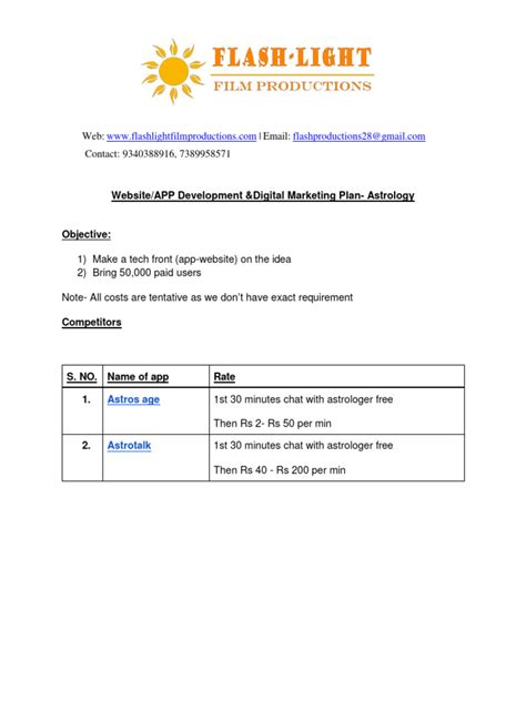 Website App Development And Digital Marketing Plan Astrology Docxflashlight Film Production