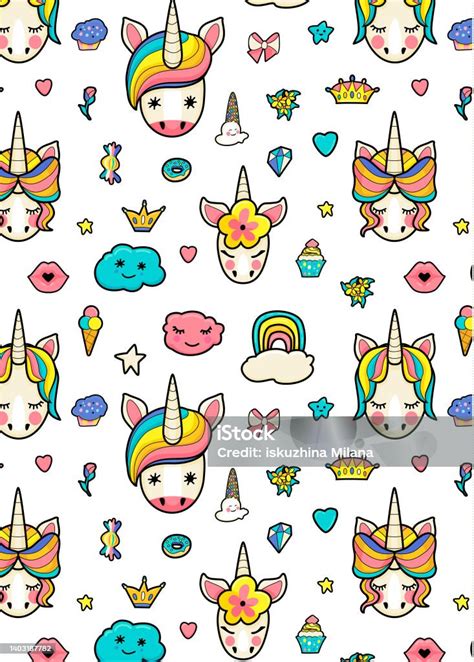 유니콘 아이스크림 별 하트 도넛 무지개 크라운 컵 케이크의 귀여운 얼굴이있는 패턴 0명에 대한 스톡 벡터 아트 및 기타 이미지 Istock