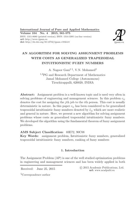 Pdf An Algorithm For Solving Assignment Problems With Costs As