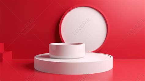 놀라운 3d 렌더링 빨간색 배경의 추상 기하학적 모양이 화장품 프레젠테이션을 위한 미니멀리스트 흰색 연단을 향상시킵니다