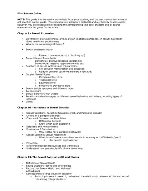 Final Review Guide 9e Summary Human Sexuality Final Review Guide NOTE This Guide Is To Be