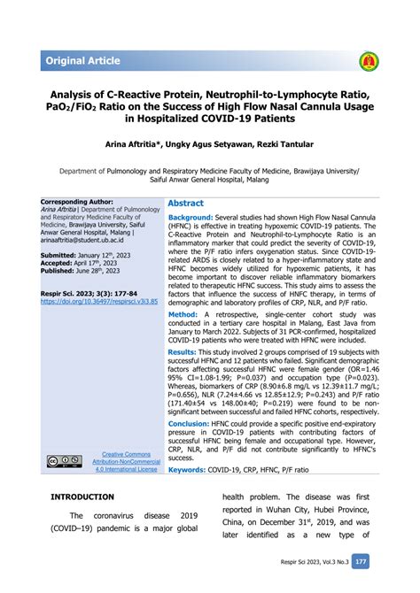 Pdf Analysis Of C Reactive Protein Neutrophil To Lymphocyte Ratio Pao2 Fio2 Ratio On The