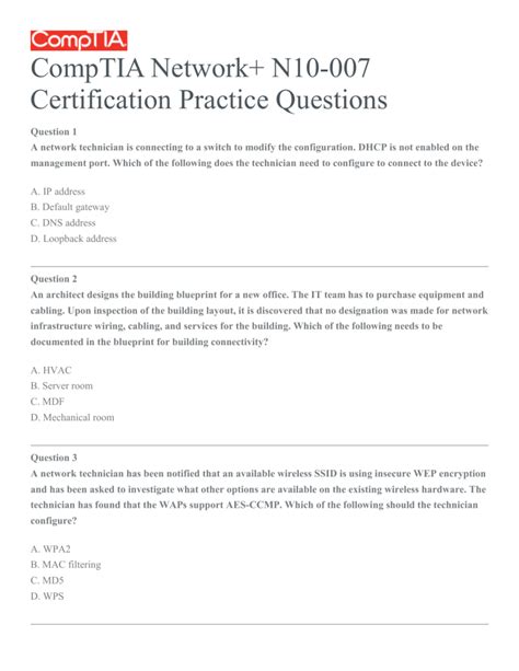 Comptia Network N10 007 Practice Questions