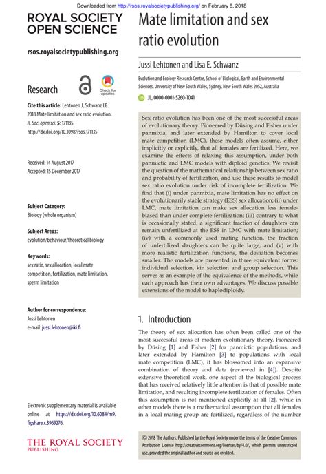 Pdf Mate Limitation And Sex Ratio Evolution