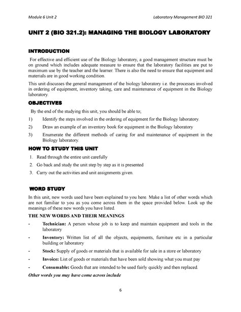 BIO 321 UNIT 2 Biology Lab II UNIT 2 BIO 321 2 MANAGING THE BIOLOGY LABORATORY